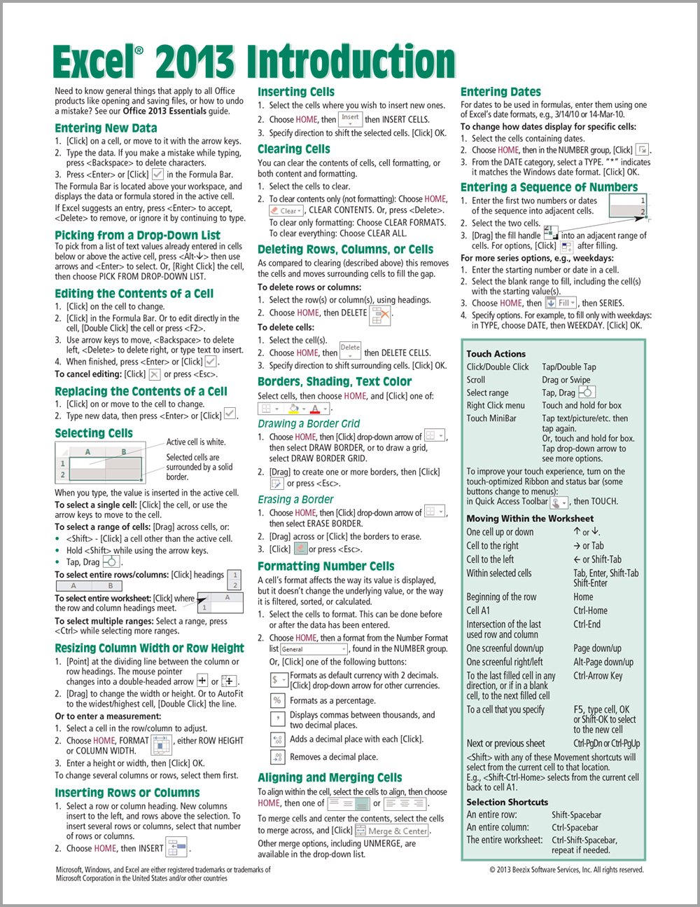 Microsoft Excel 2013 Introduction Quick Reference Guide (Cheat Sheet of ...